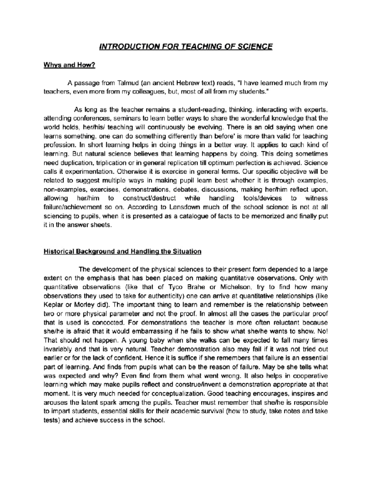 B. Ed - Physical science 1 - INTRODUCTION FOR TEACHING OF SCIENCE Whys ...