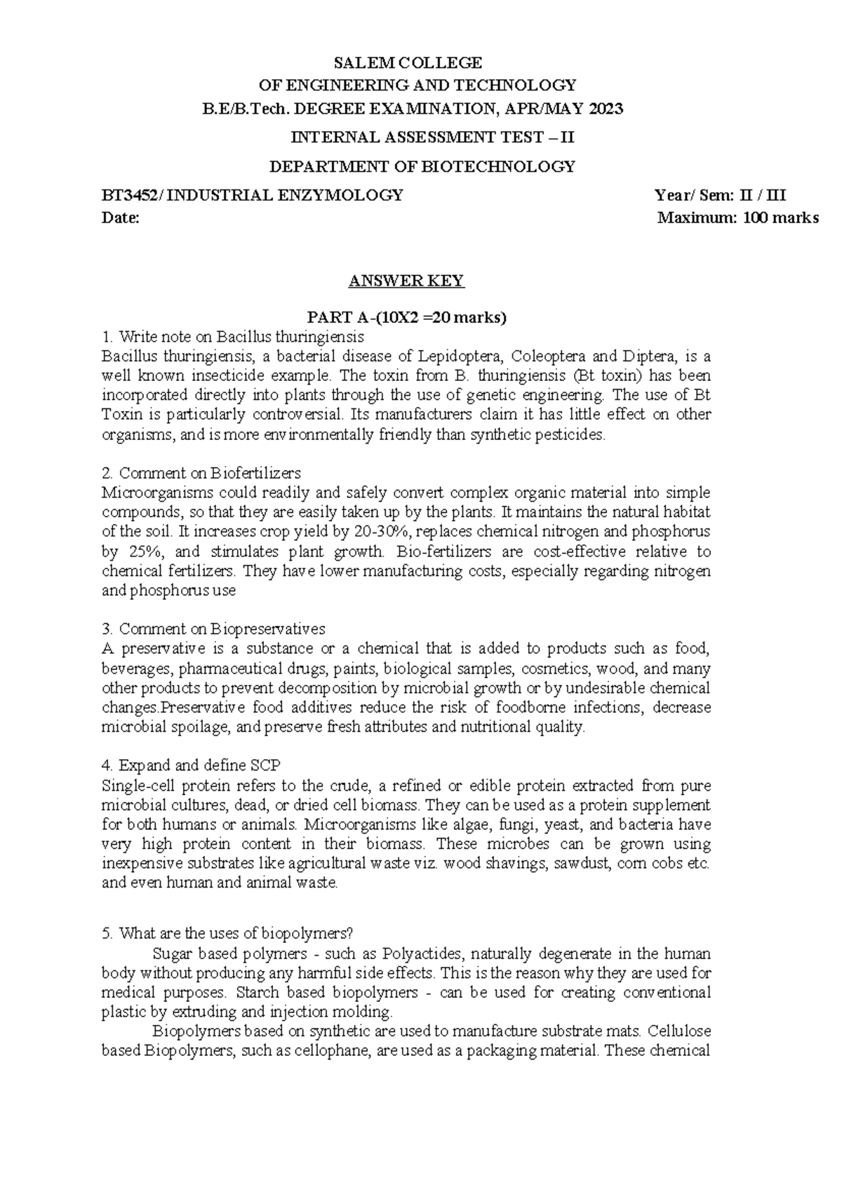 IAT- 2Answer key - ANSWER KEY PART A-(10X2 =20 marks) Write note on Bacillus thuringiensis ...