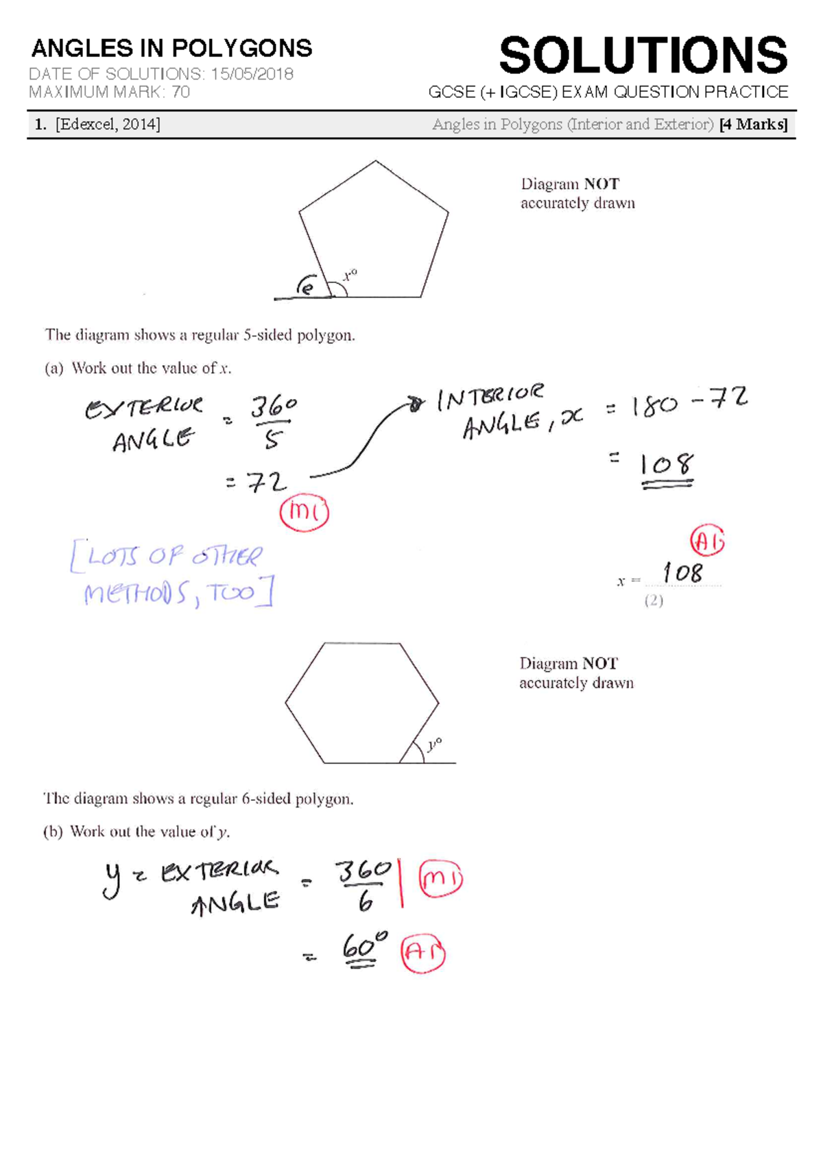 Angles in polygons solutions - SOLUTIONS ANGLES IN POLYGONS GCSE (+ IGCSE) EXAM QUESTION ...