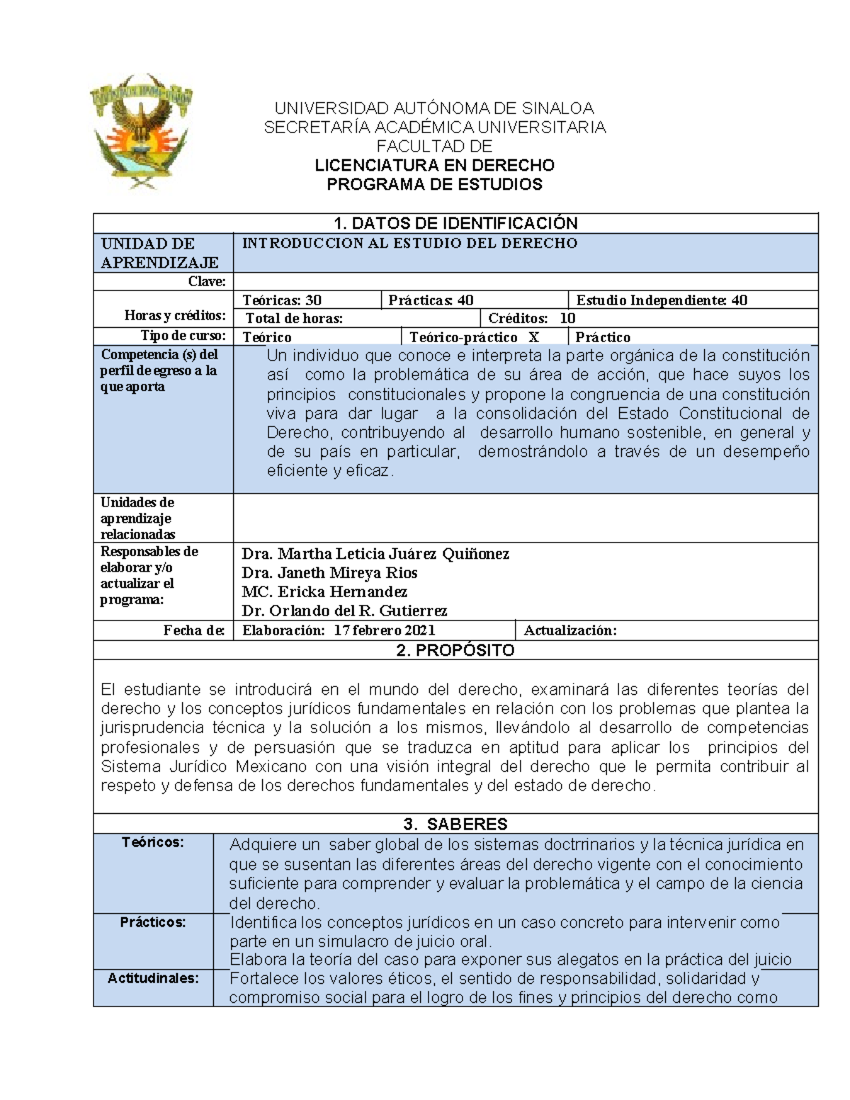 Programa Introduccion Al Derecho 2023 Universidad Autónoma De Sinaloa