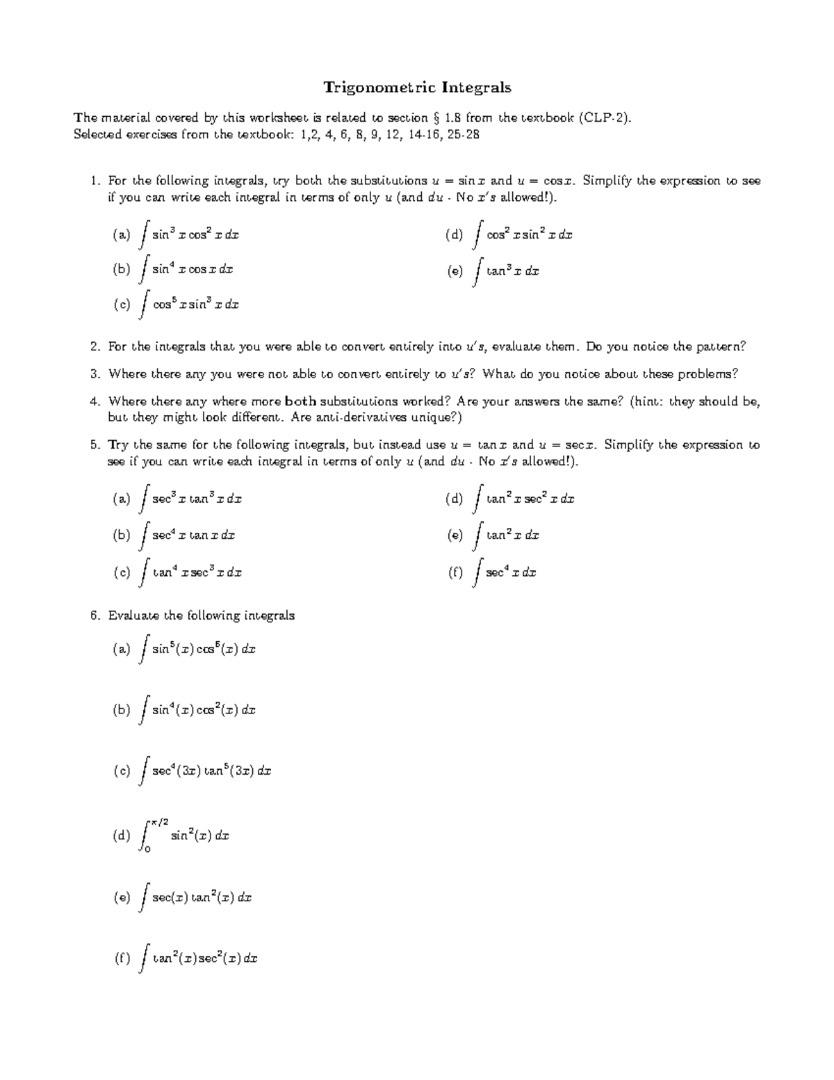 Trigonometric Integrals worksheet - Trigonometric Integrals The ...