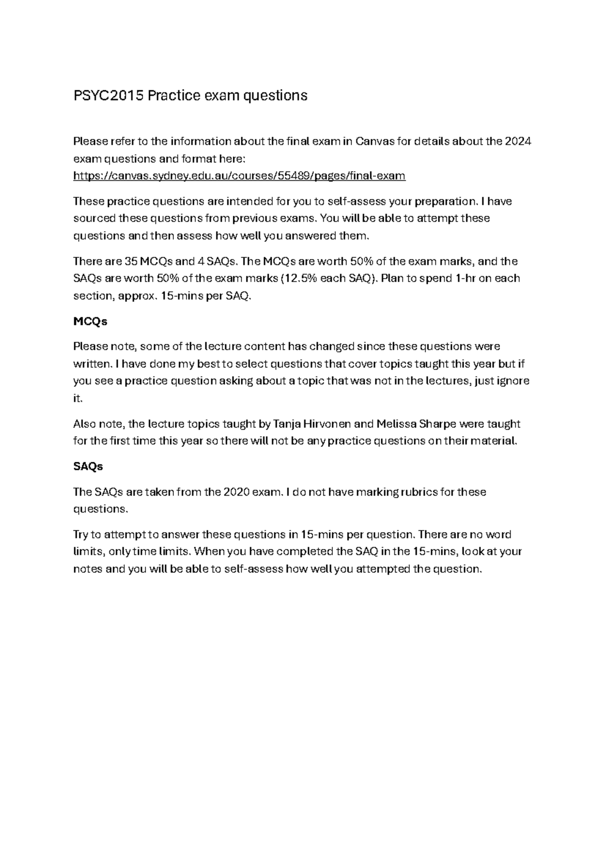 PSYC2015 +Practice+exam+questions+clean - PSYC2015 Practice exam ...