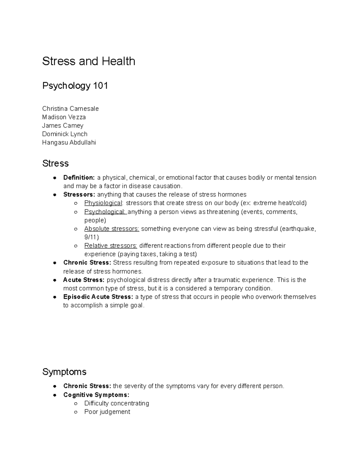Stress and Health Project - Stress and Health Psychology 101 Christina ...