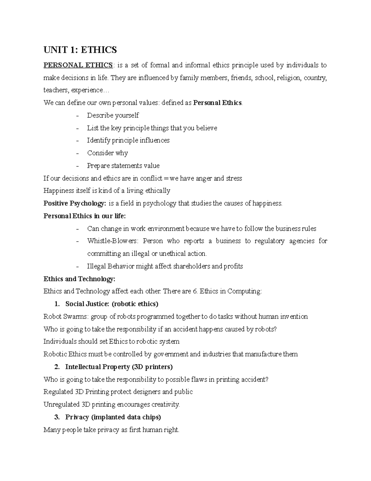 BTM200 Notes Unit1 - UNIT 1: ETHICS PERSONAL ETHICS : is a set of ...