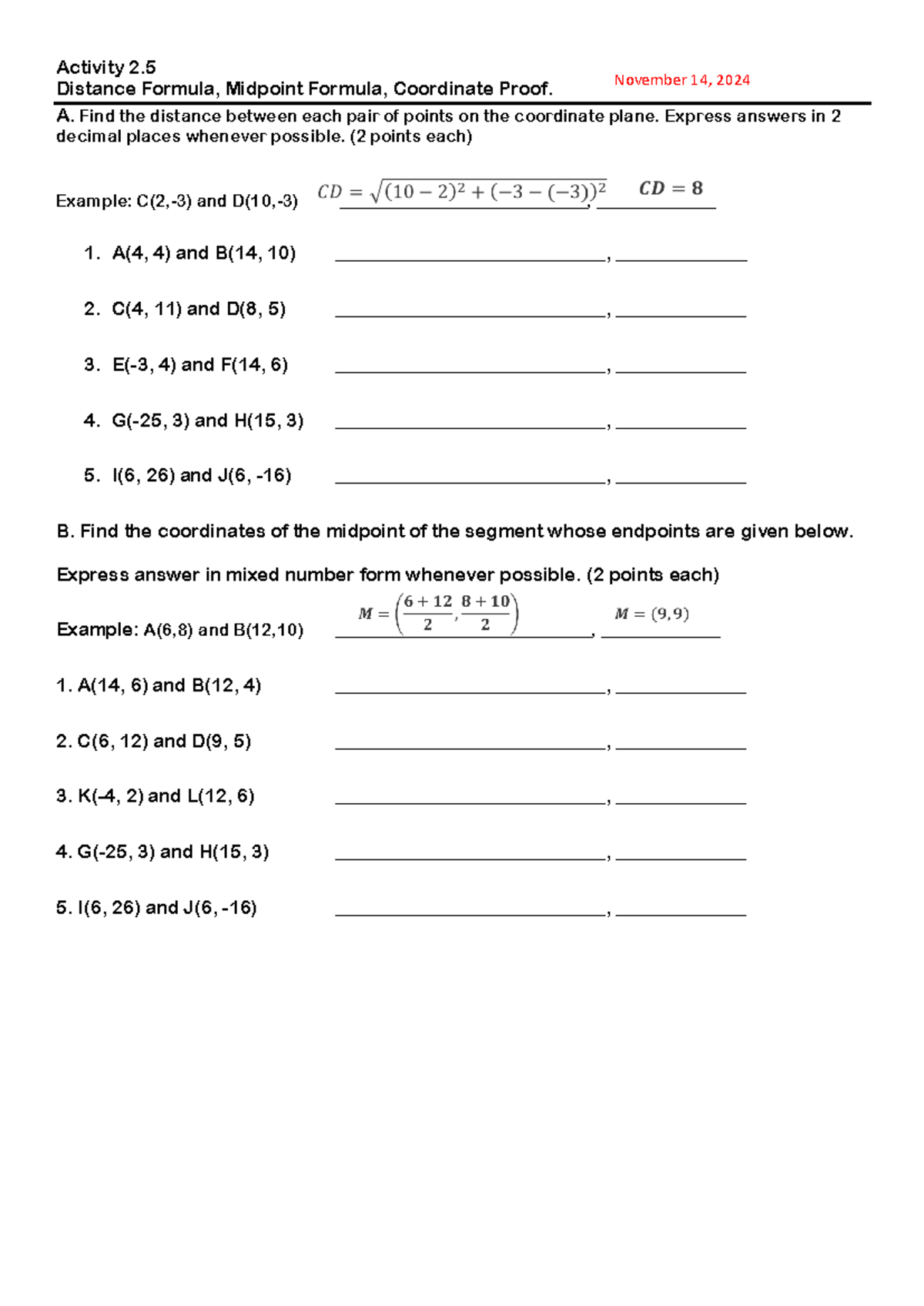 A 2.5 Distance Formula Midpoint Formula Coordinate Proof - Activity 2 ...