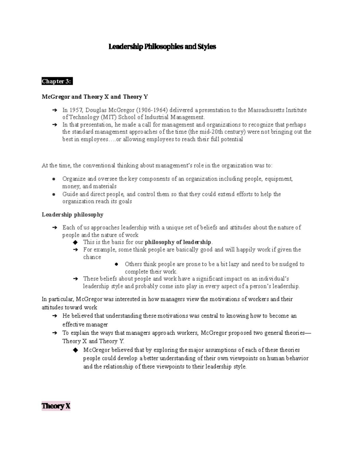 Week 8 Notes - Leadership Philosophies and Styles Chapter 3: McGregor ...