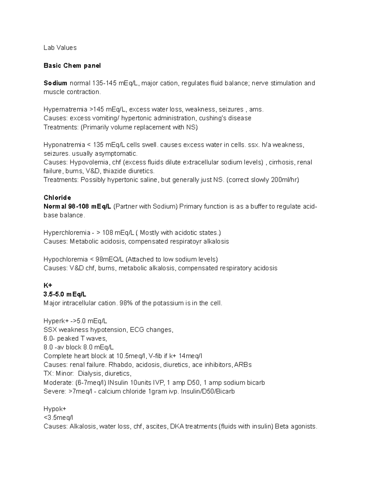 Labs MTN - Labs - Lab Values Basic Chem panel Sodium normal 135-145 mEq ...