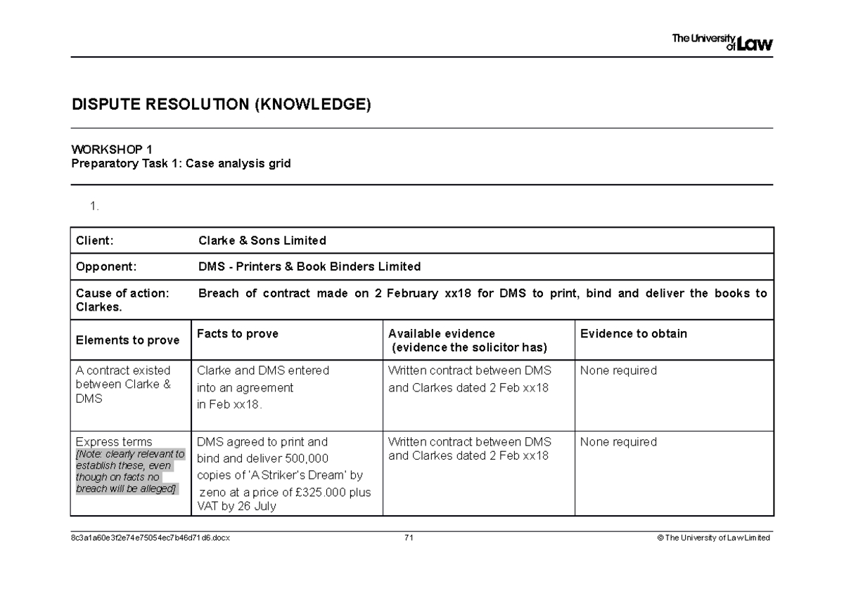 CASE Analysis - DISPUTE RESOLUTION (KNOWLEDGE) WORKSHOP 1 Preparatory ...