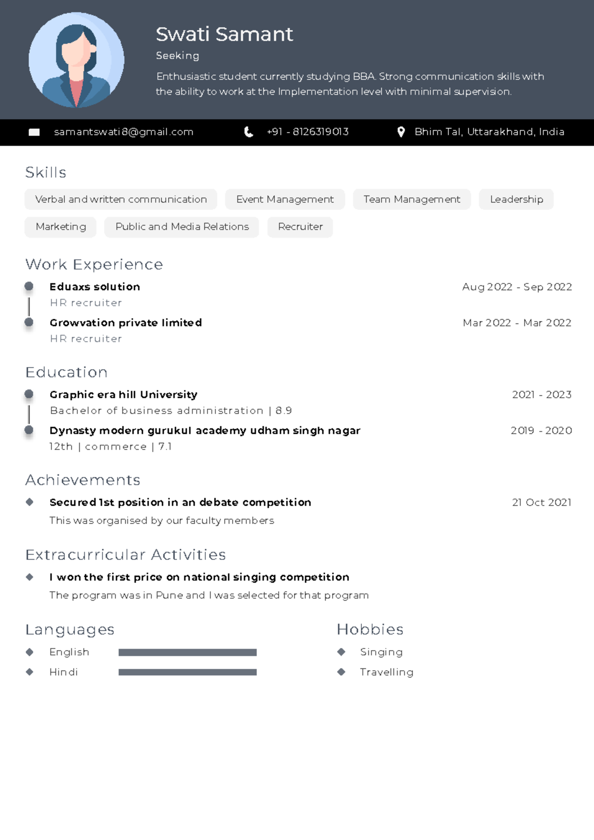 Resume jgjhkhkggjkhlhjvgb - Swati Samant Seeking Enthusiastic student ...