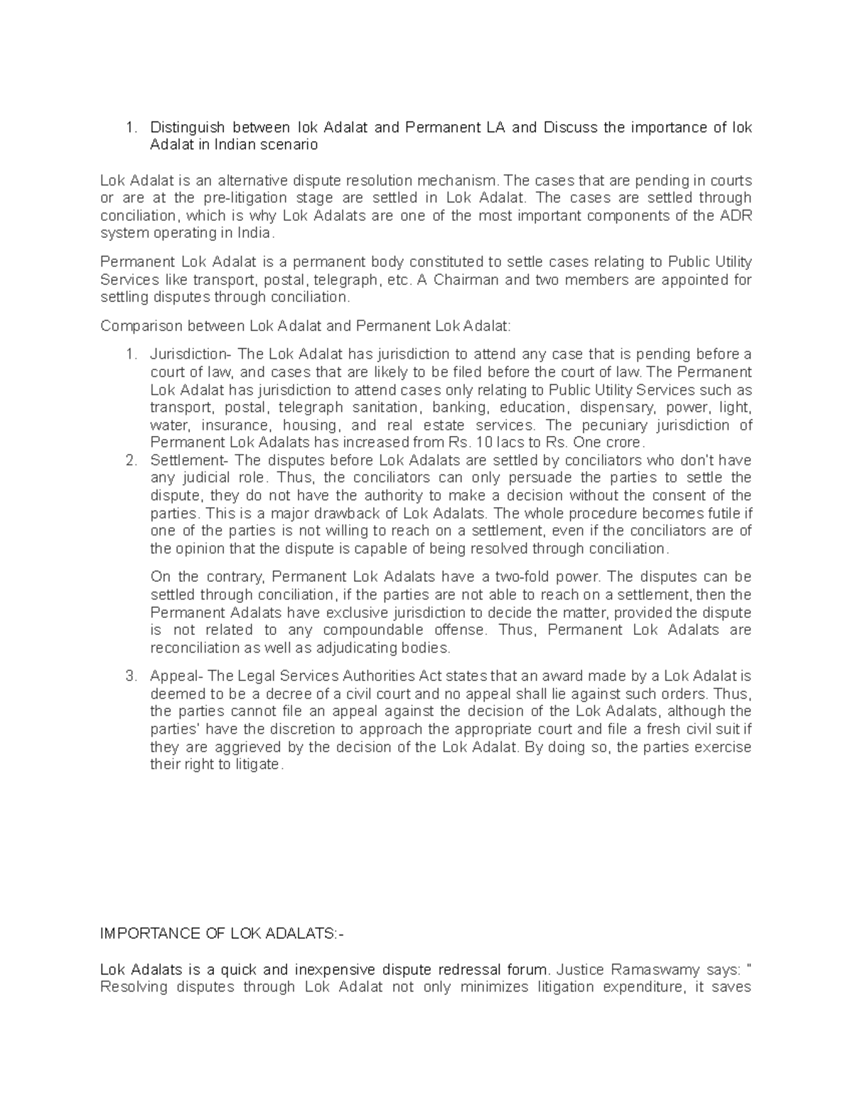 IPR ASSIGNMENT FOR STUDYING - Distinguish between lok Adalat and ...
