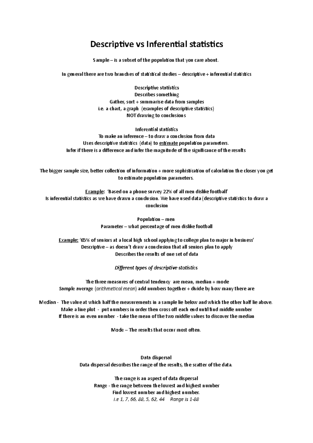 Descriptive vs Inferential statistics - lecture notes - Descriptive vs ...