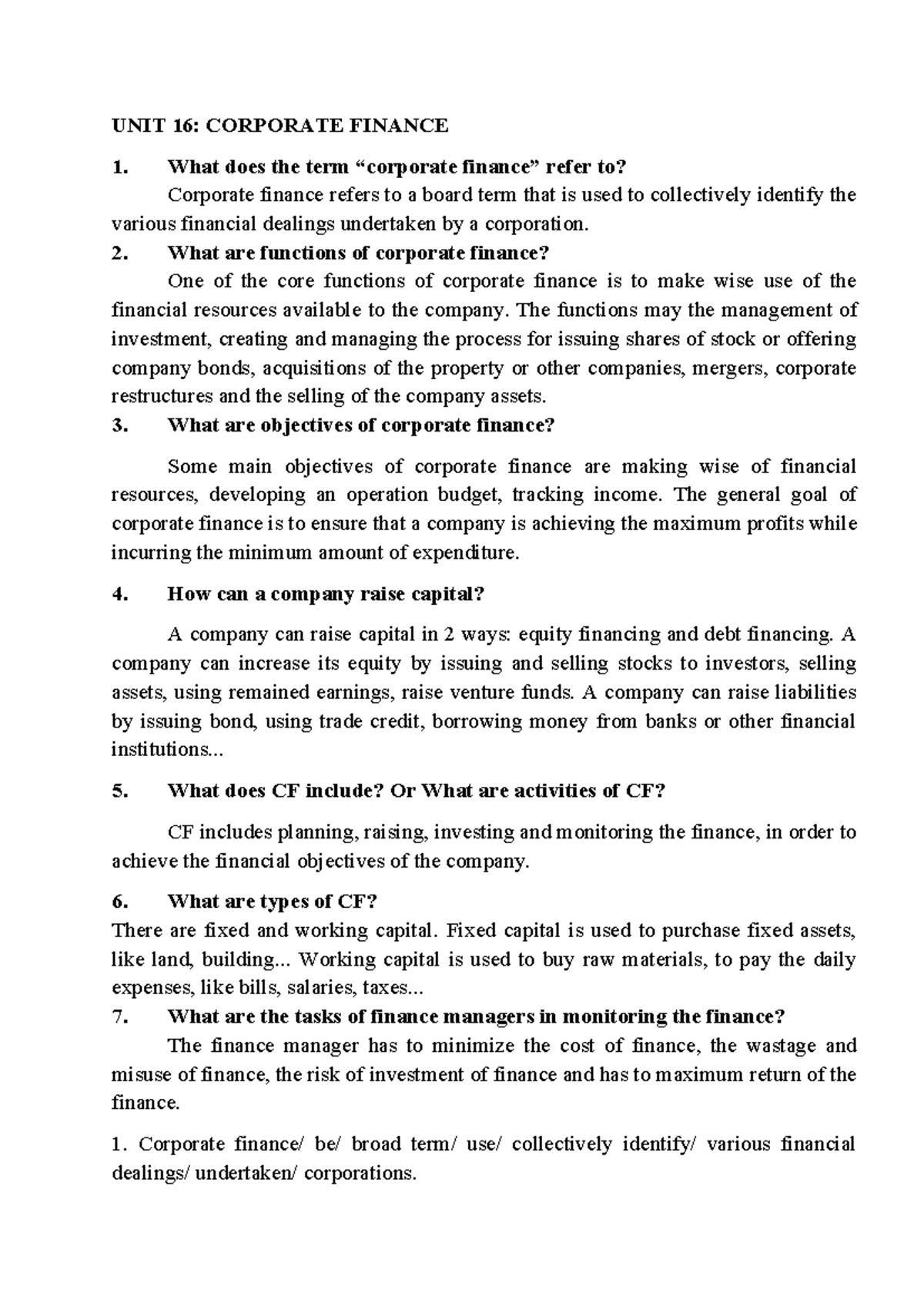 TACN2 by Thao - eeee - UNIT 16: CORPORATE FINANCE What does the term “corporate finance” refer ...