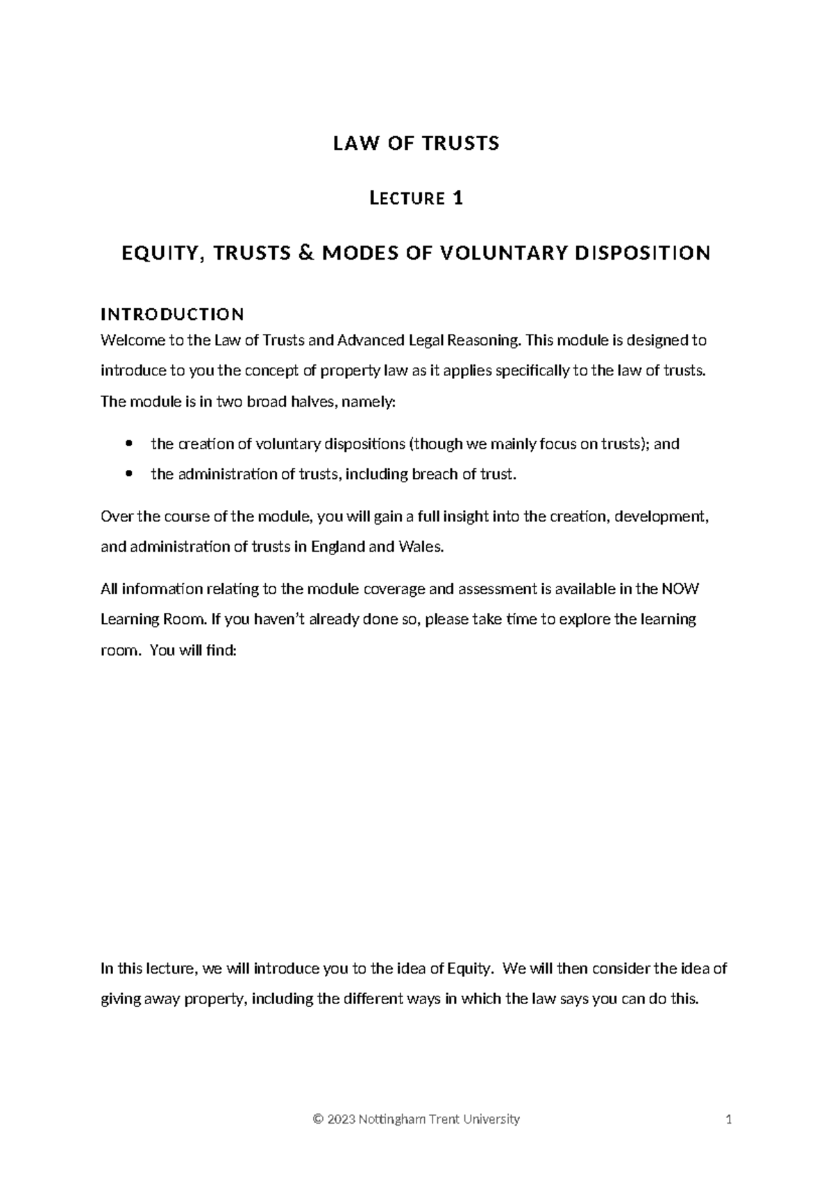 Lecture 1 Equity, Trusts & the Modes student handout (Auto Recovered ...