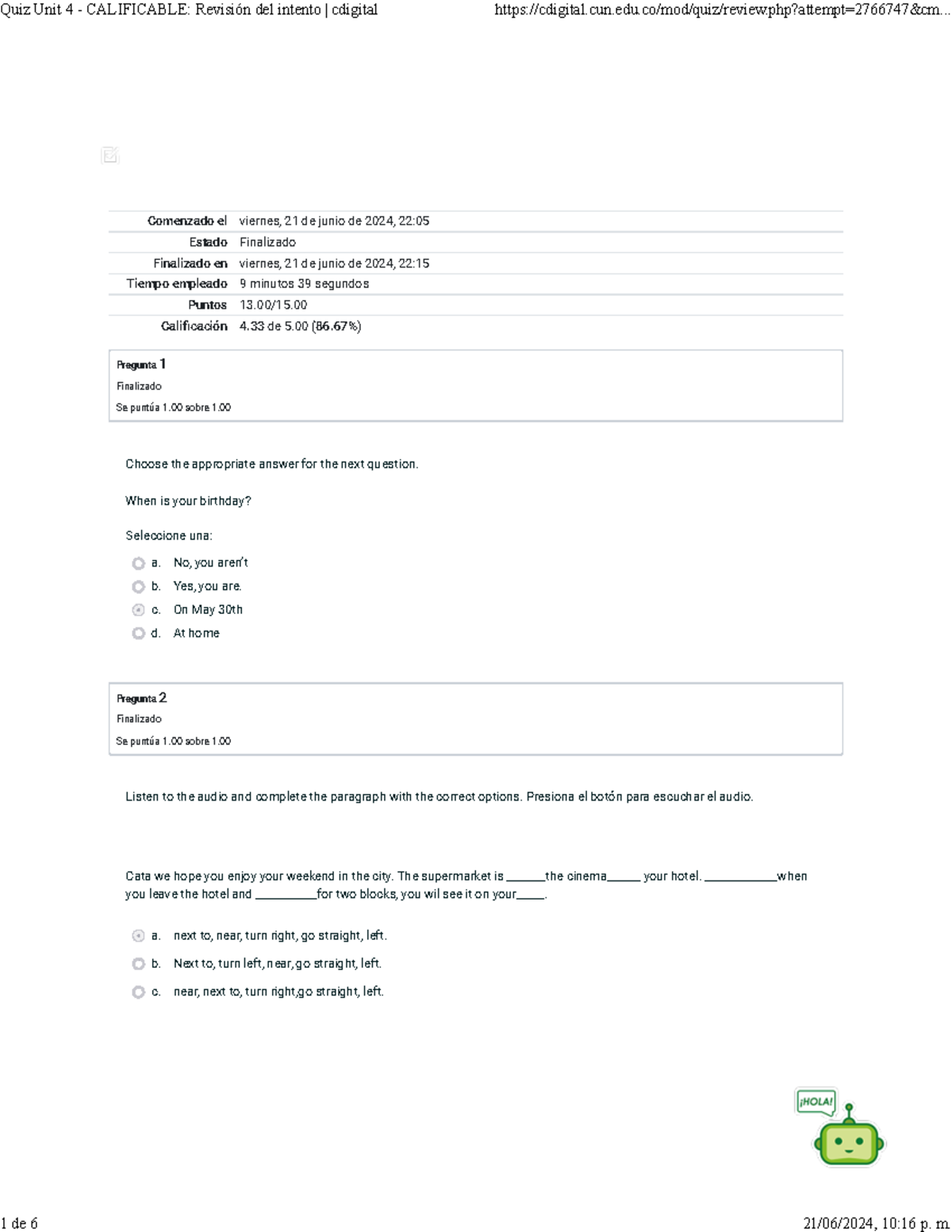 Quiz Unit 4 - Calificable Revisión del intento cdigital - Comenzado el viernes, 21 de junio de ...