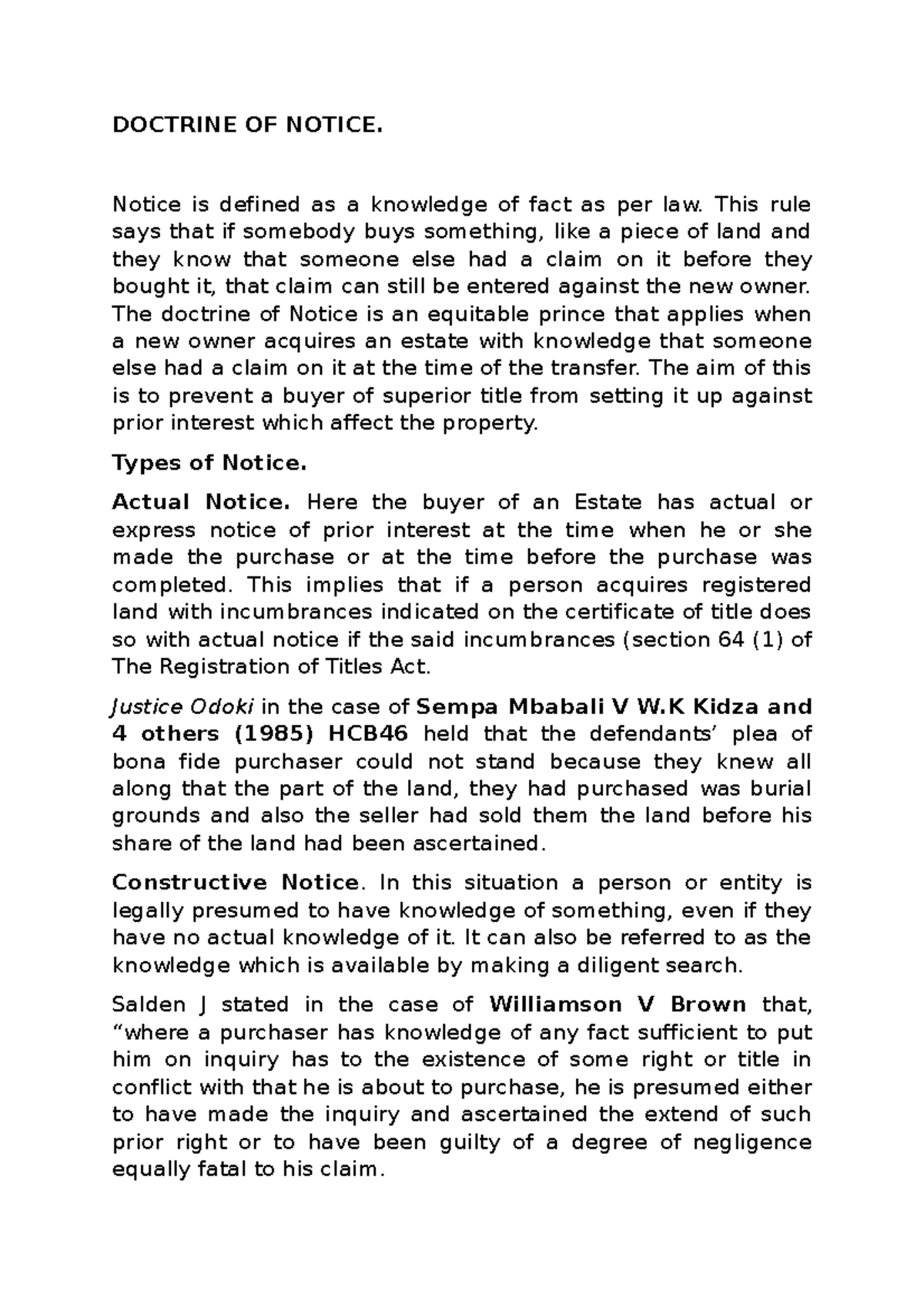 Doctrine OF Notice - summarized - DOCTRINE OF NOTICE. Notice is defined as a knowledge of fact ...