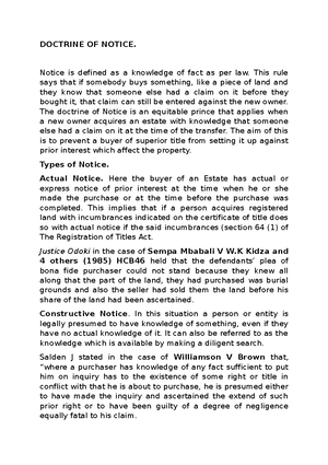 The Doctrine of Notice - The DOCTRINE OF NOTICE Notice in Equity simply ...