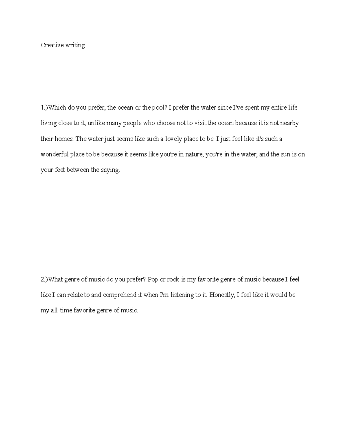 Mrkeo - worksheet - Creative writing 1.)Which do you prefer, the ocean ...