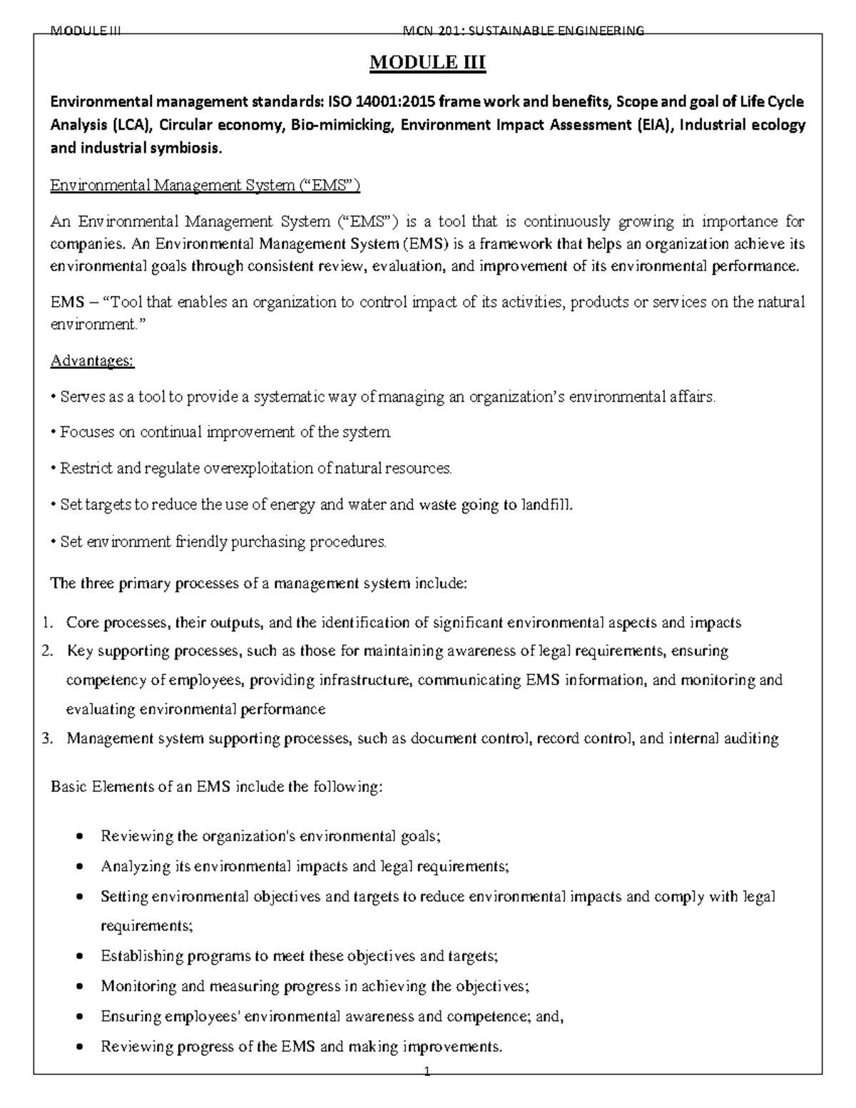 Module 3 MCN201 Sustainable ENGG - MODULE III Environmental management ...