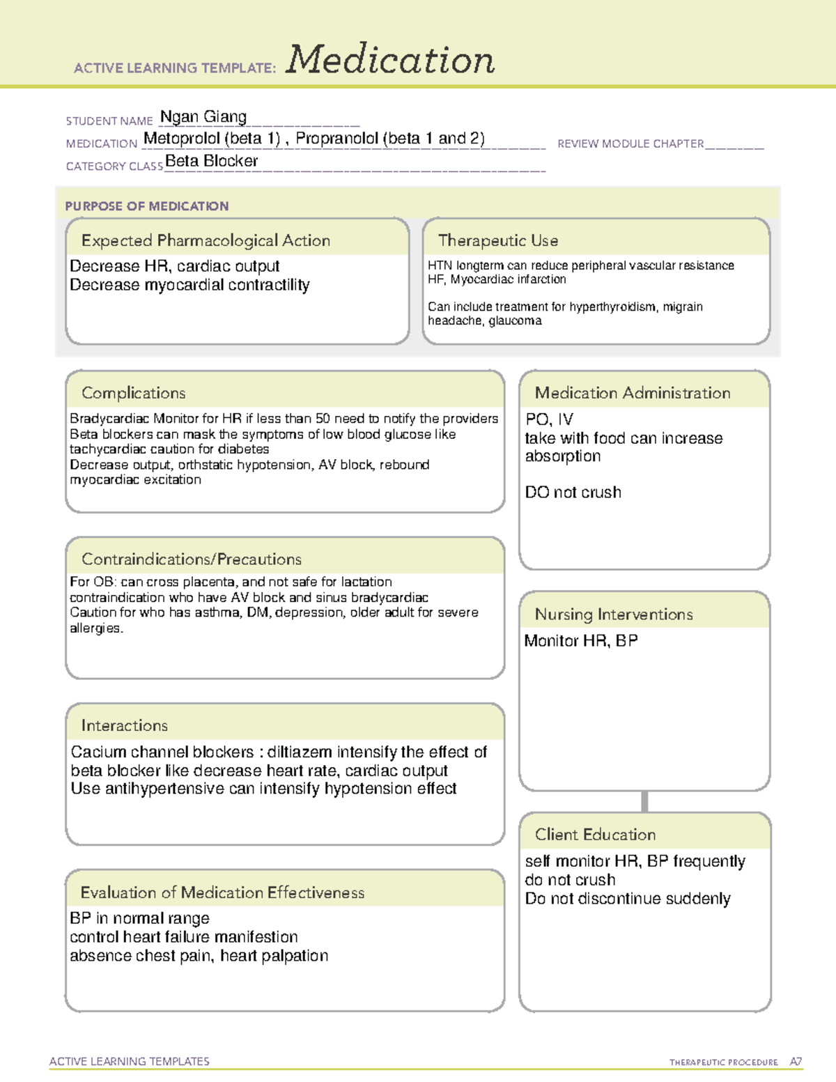 Metaprolol - meds - ACTIVE LEARNING TEMPLATES TherapeuTic procedure A ...