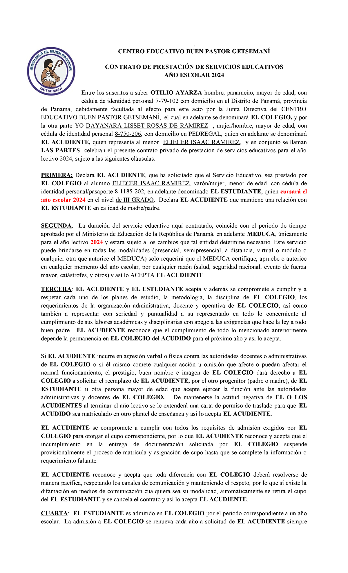 Contrato Centro Educativo BUEN Pastor Getsemani 2024 para padres ...