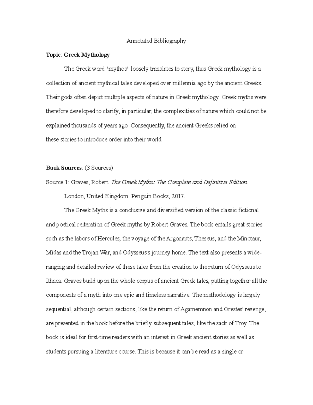 intro to Humanities: Annotated bibliography On Greek Mythologies ...