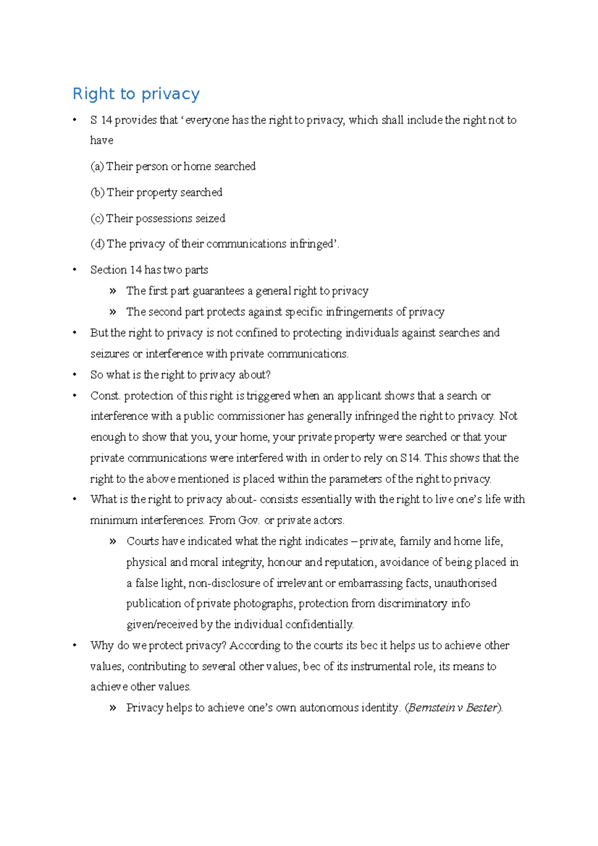 Right to privacy notes - CON 202 - UWC - Studocu