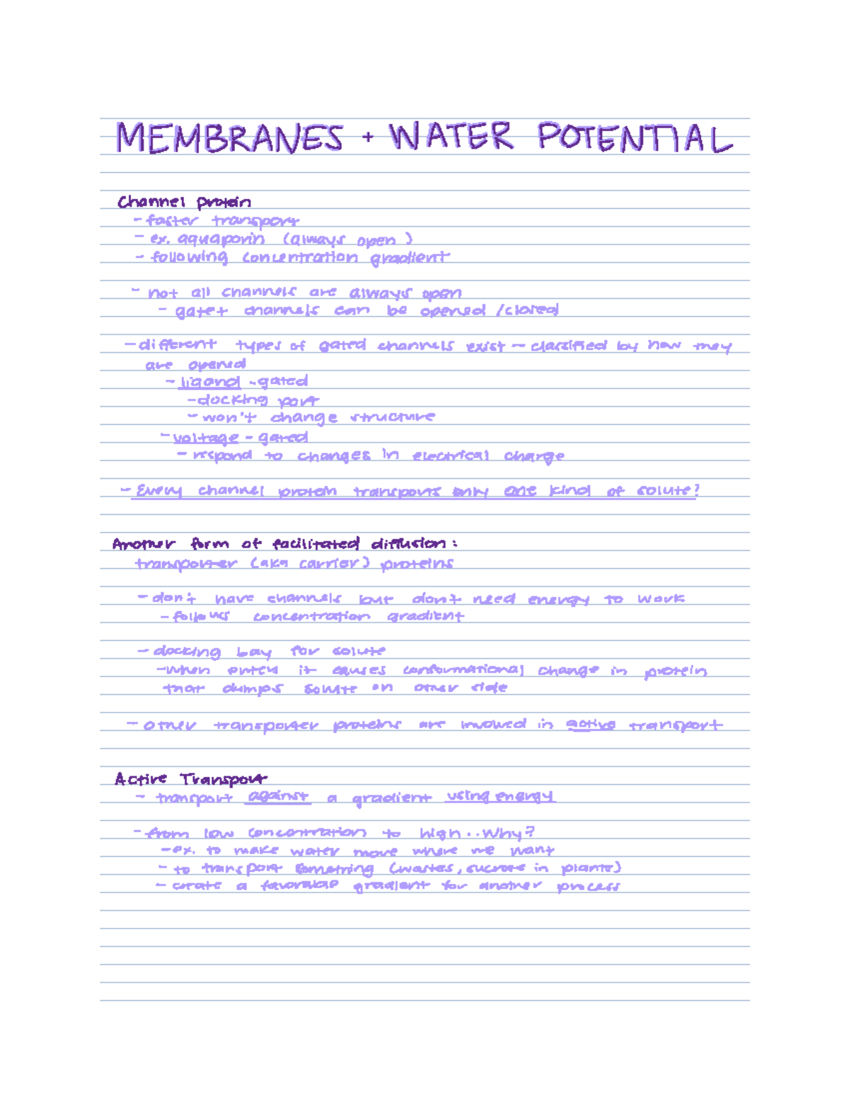 Lecture 7 Membrane Transport and Water Potential - BIOL 100 - Studocu