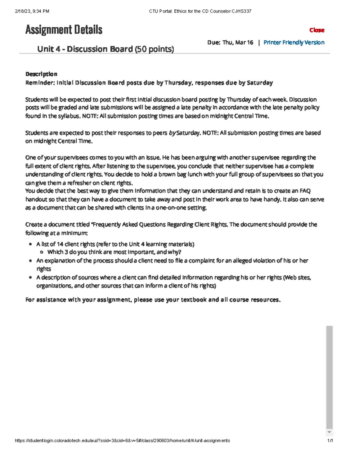 CTU Portal Ethics for the CD Counselor CJHS337 UNIT 4 DB - 2/18/23, 9:34 PM CTU Portal: Ethics ...