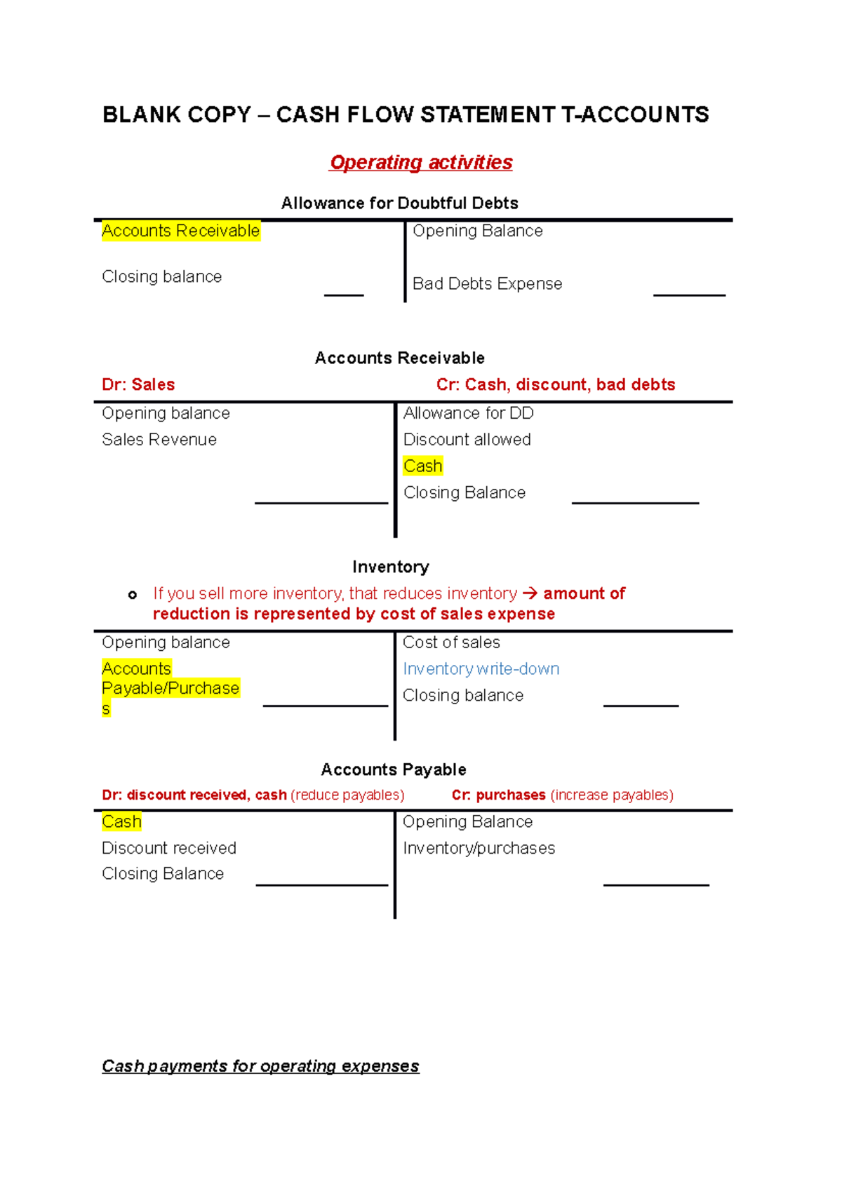 CASH FLOW T-ACCOUNTS TEMPLATE - BLANK COPY – CASH FLOW STATEMENT T ...