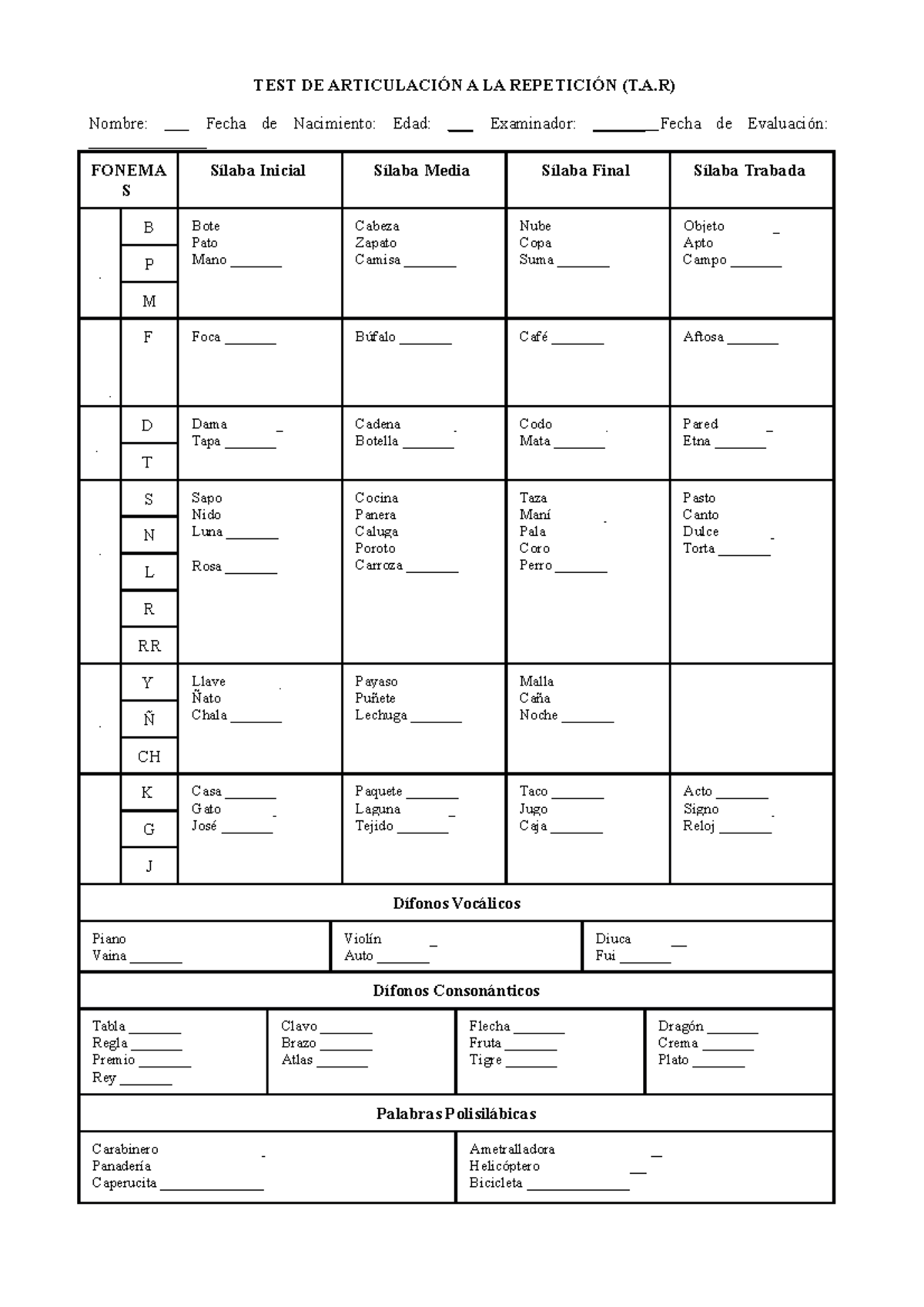 TAR - test de repeticion a la articulacion. tar test de repeticion a la ...