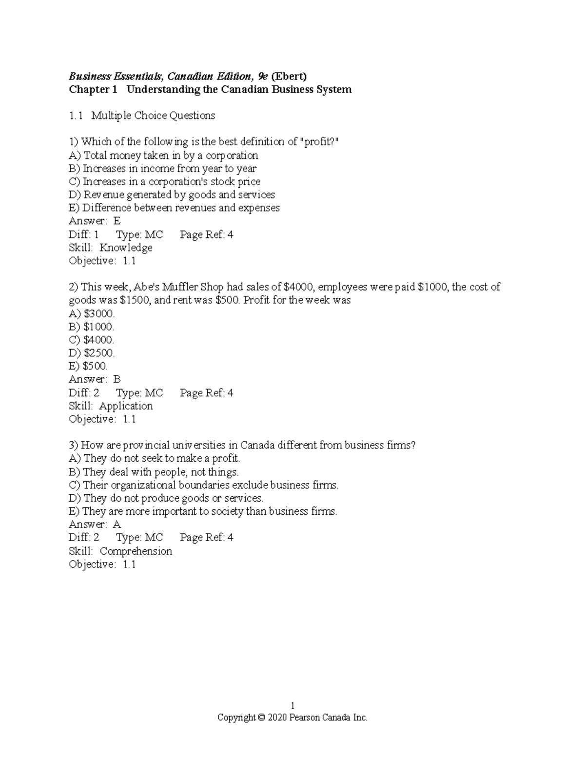 Chapter 01 BUSI 1110 FINAL EXAM ANSWER KEY - Business Essentials ...