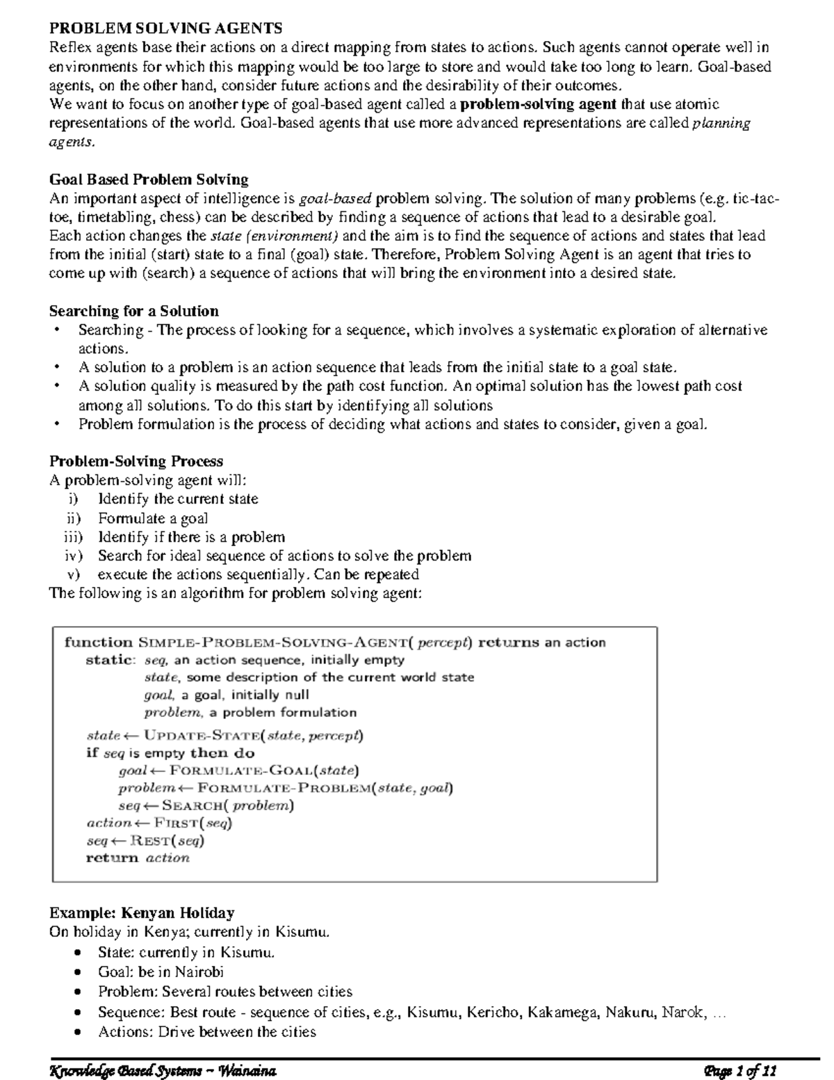 3 Problem solving Agents - Uniformed Search - PROBLEM SOLVING AGENTS Reflex agents base their ...