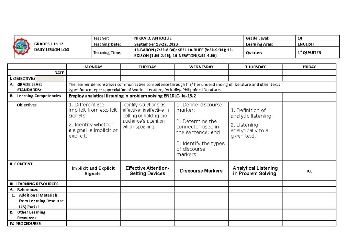 English 10 q1 w4 - GRADES 1 to 12 DAILY LESSON LOG Teacher: NIKKA D ...