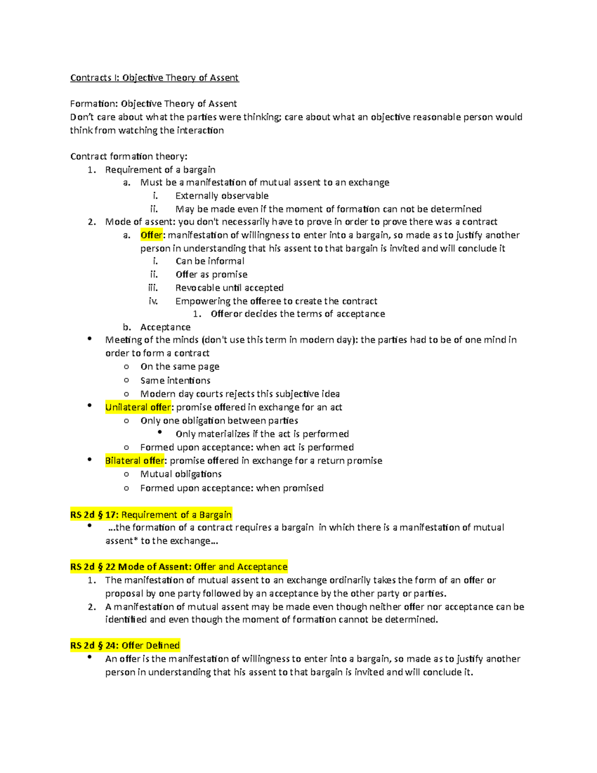 Contracts I- objective theory of assent - Contracts I: Objective Theory ...