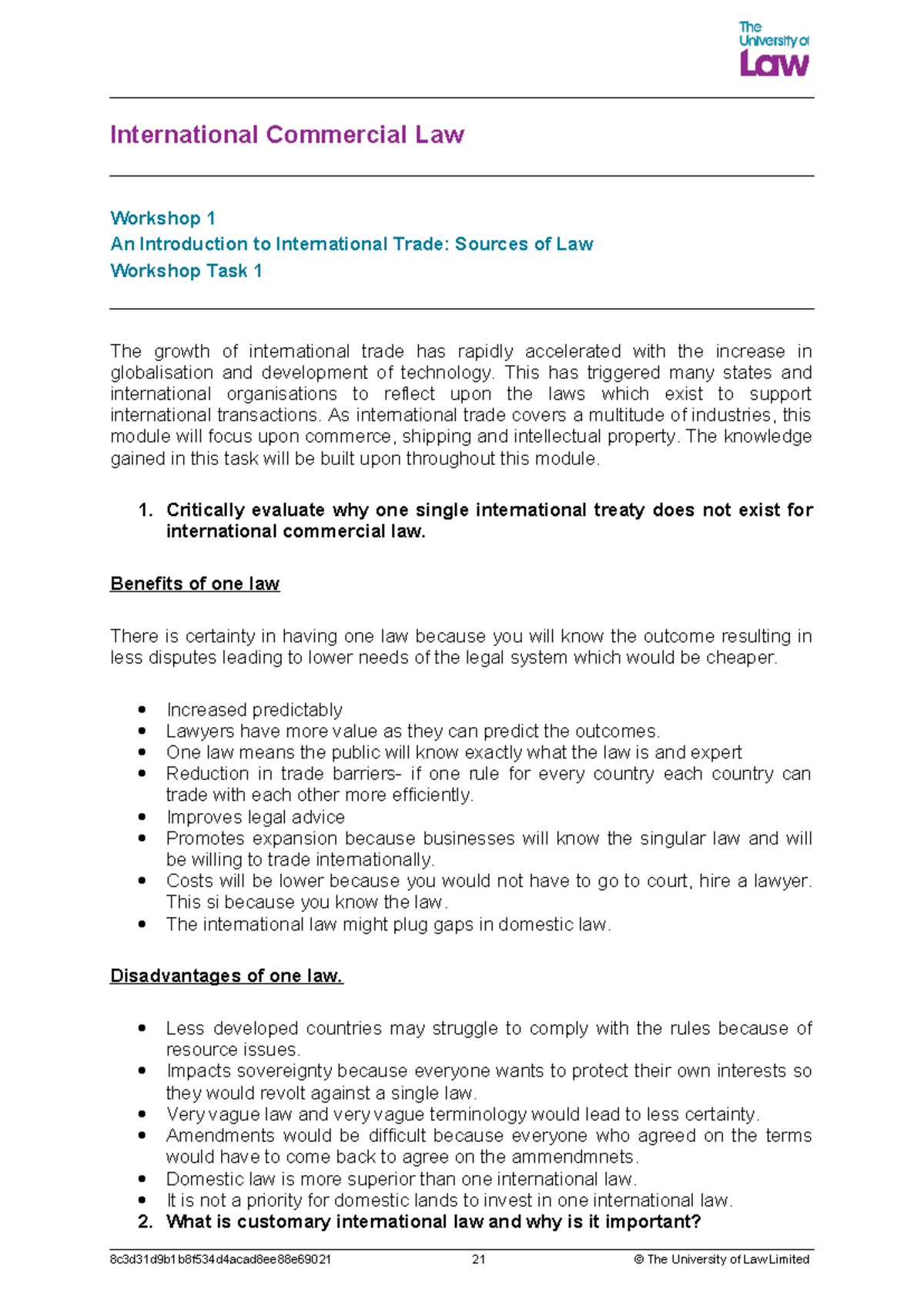ICL ws1 task1 - Lecture notes - International Commercial Law Workshop 1 ...