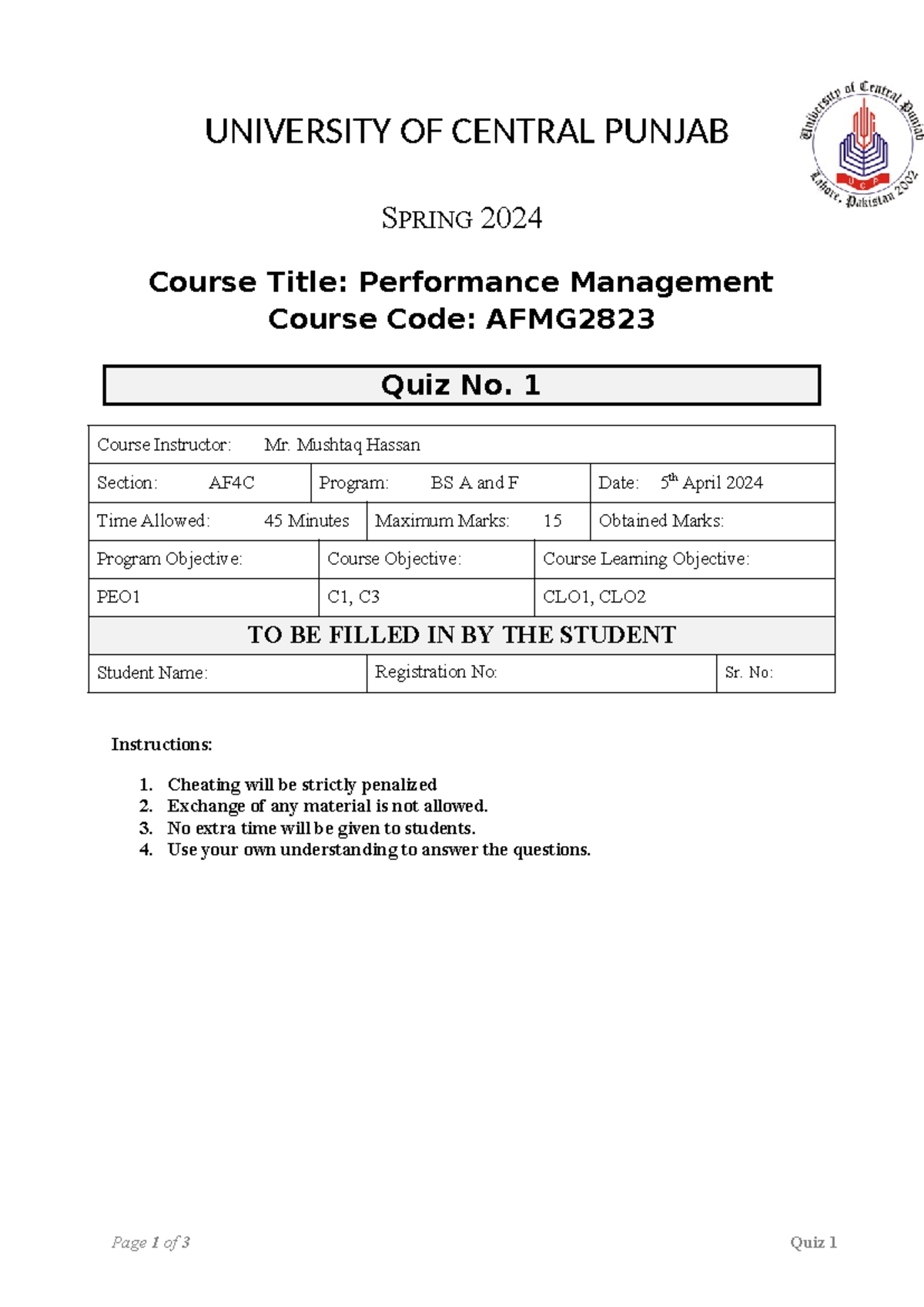Quiz 1 Section AF4C S-24 - UNIVERSITY OF CENTRAL PUNJAB SPRING 2024 Course Title: Performance ...