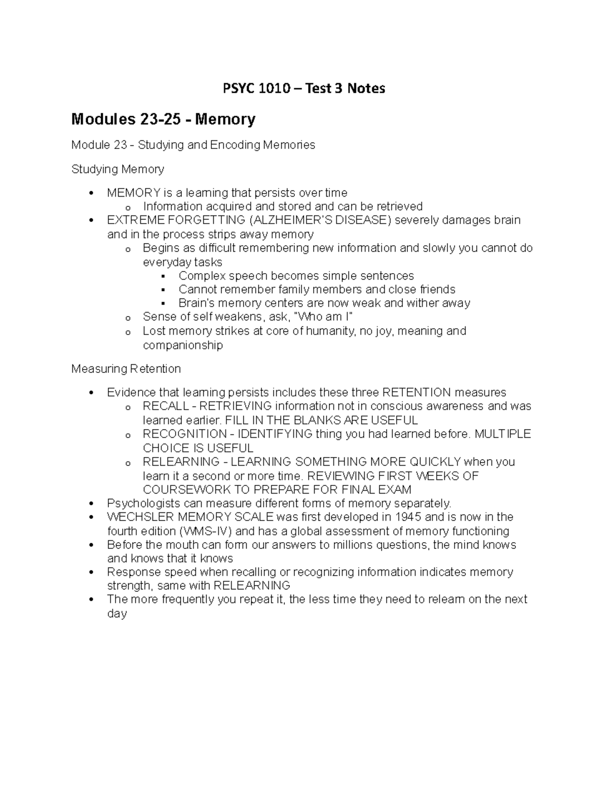 PSYC 1010 - All Notes - PSYC 1010 – Test 3 Notes Modules 23-25 - Memory ...