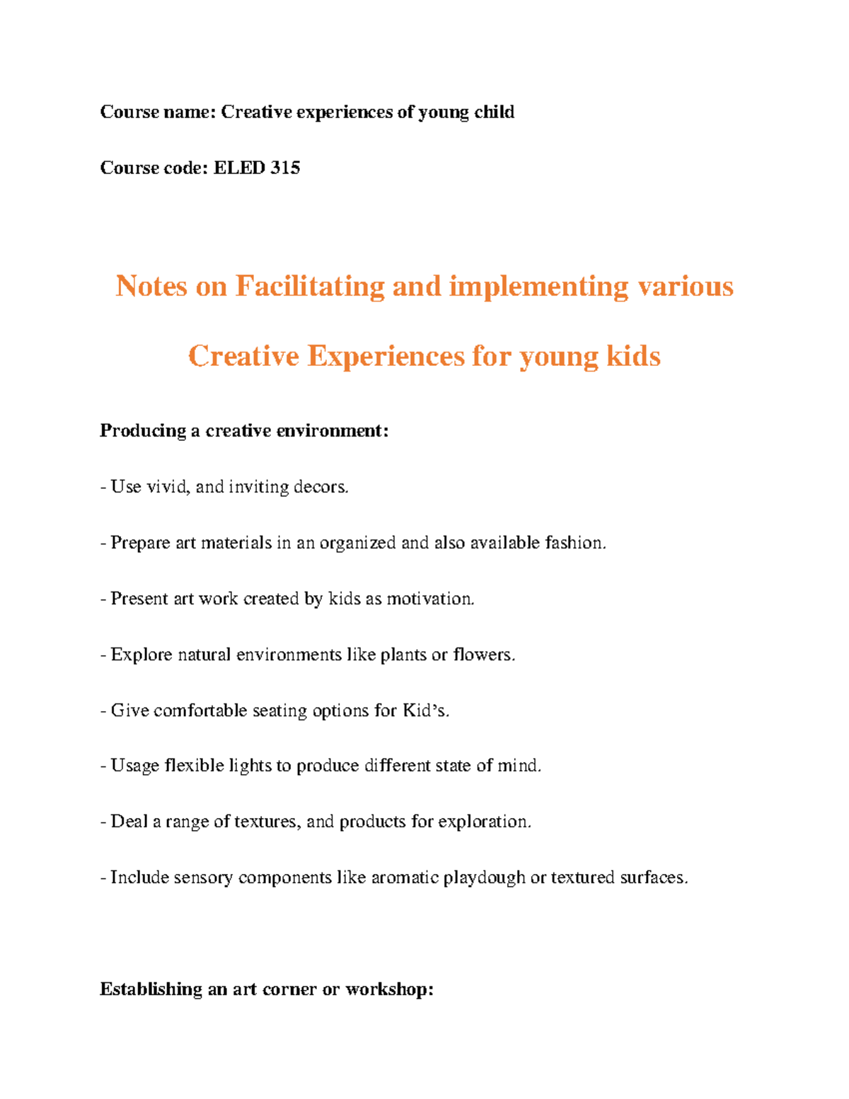 Implementing different Creative Experiences for young kids - Course ...