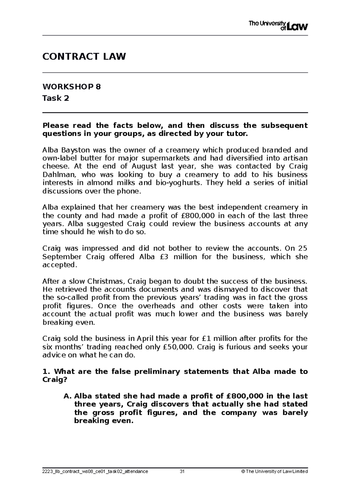 Contract UNIT 8 WS 2 - UNIT 8 WS2 - CONTRACT LAW WORKSHOP 8 Task 2 ...