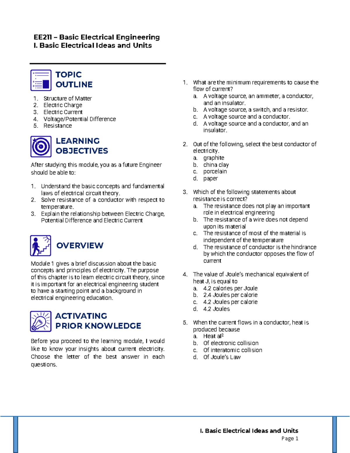 I. Basic Electrical Ideas and Units - I. Basic Electrical Ideas and ...