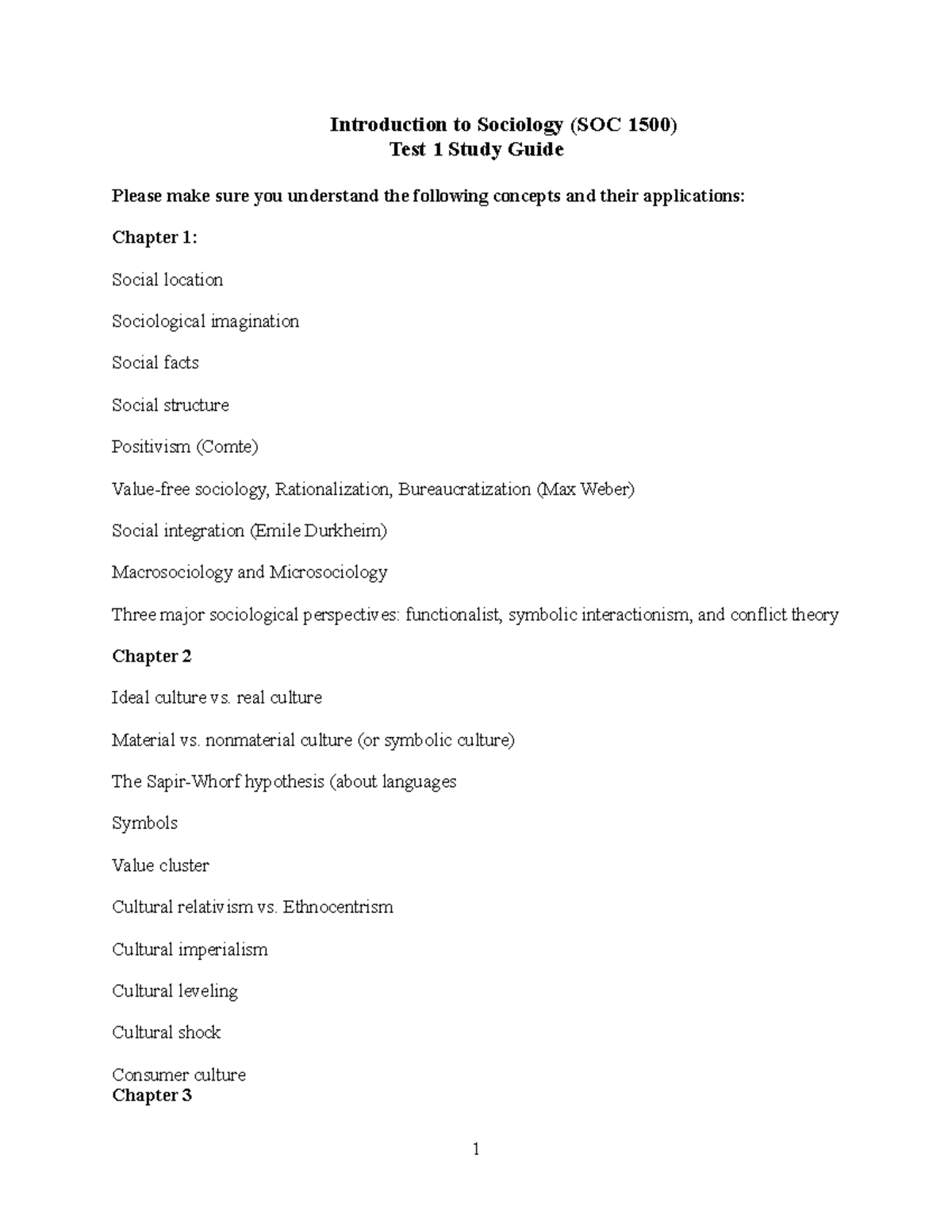 Test 1 study guide - Introduction to Sociology (SOC 1500) Test 1 Study ...