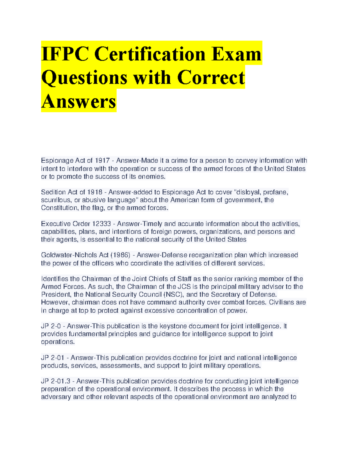 IFPC Certification Exam Questions with Correct Answers - IFPC ...