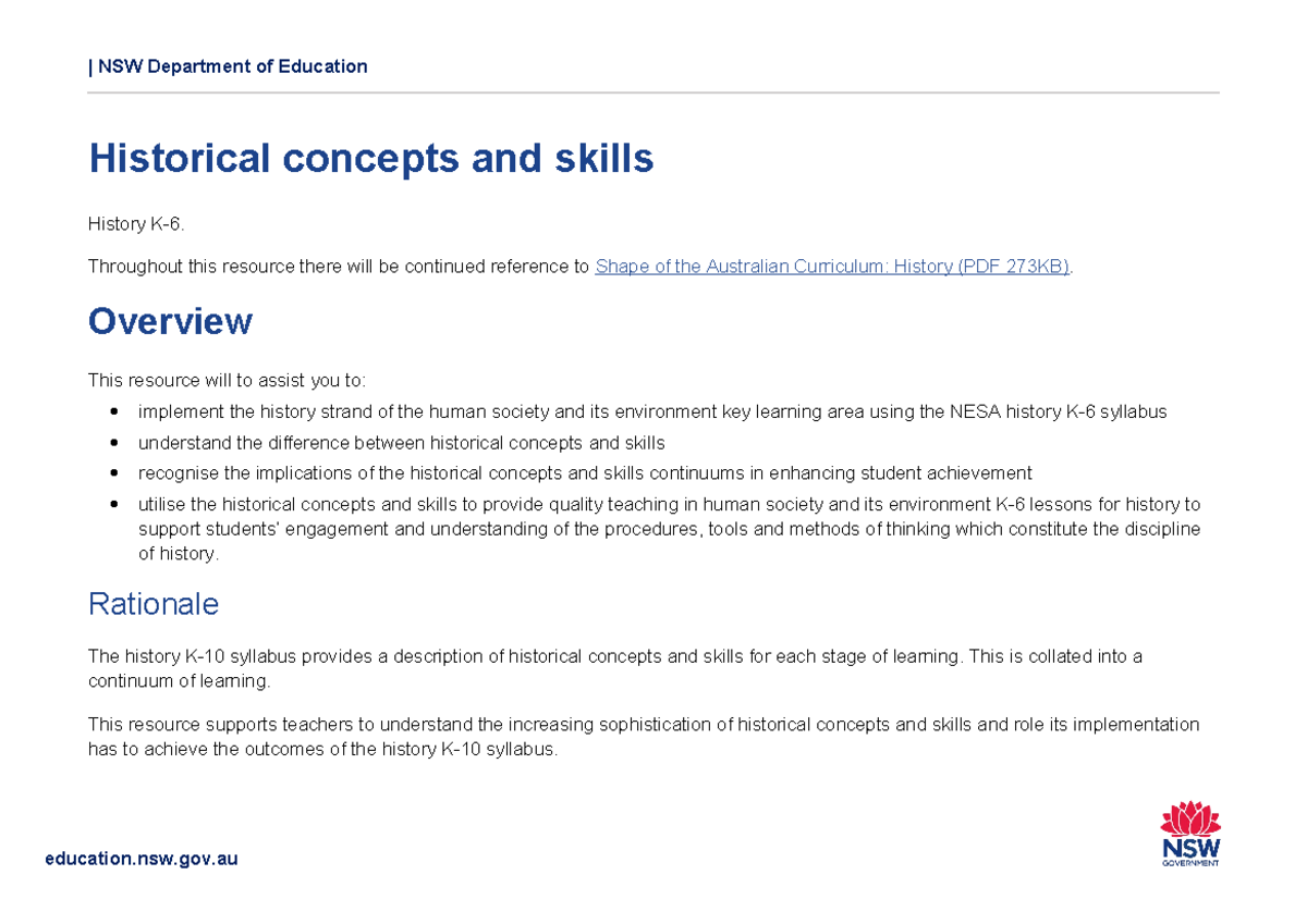 History historical concepts and skills es1 s1 s2 s3 - | NSW Department ...
