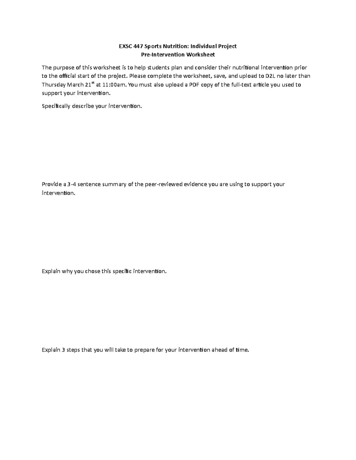 Pre-Intervention Worksheet - EXSC 447 Sports Nutrition: Individual ...