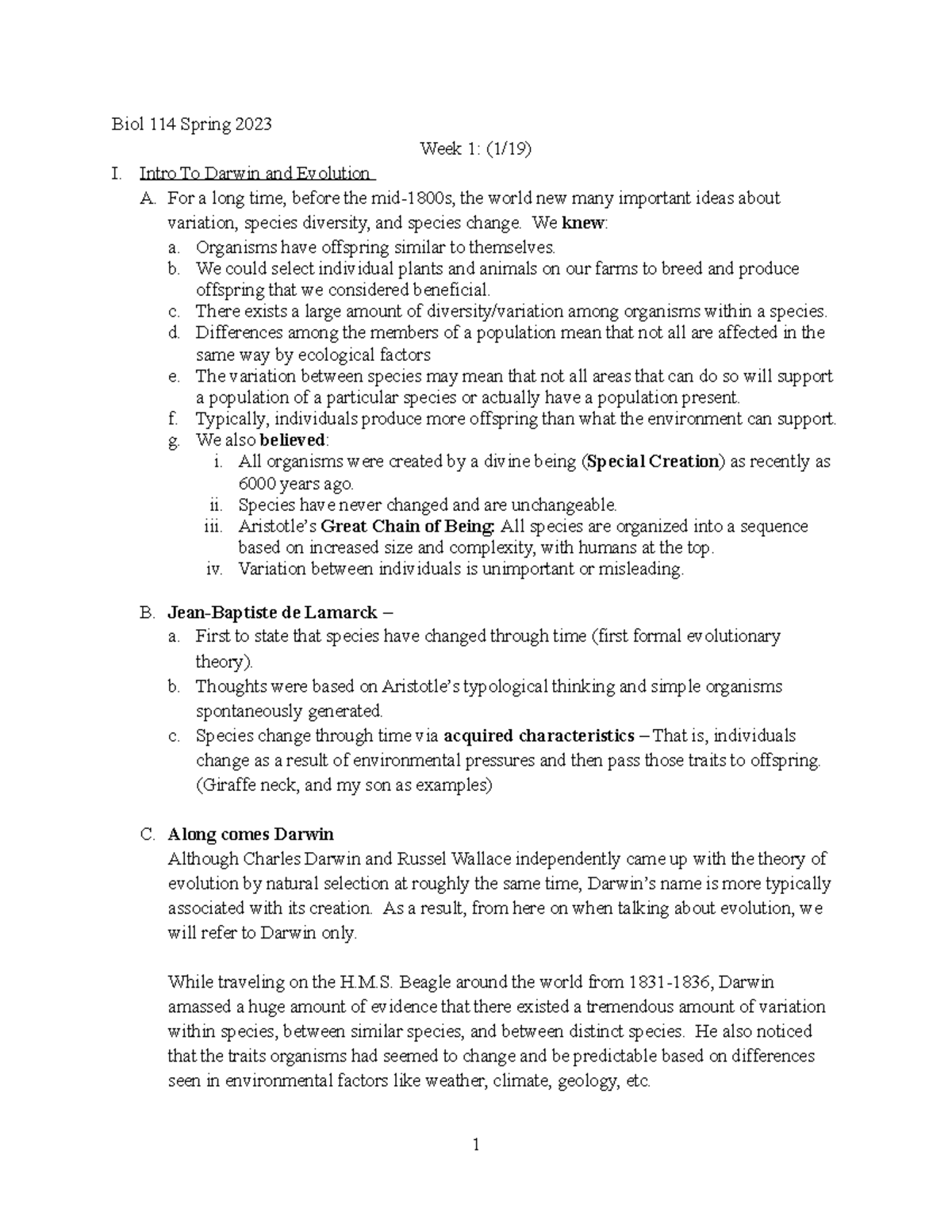 Lecture Week 1 1 19 Notes Introduction To Evolution Biol 114 Spring 2023 Week 1 1 19 I
