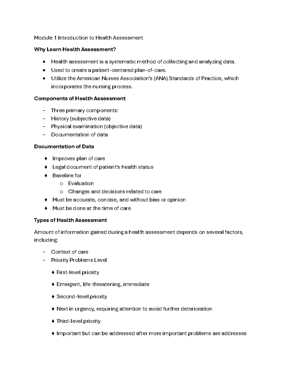 Module 1 - lecture notes - Module 1 Introduction to Health Assessment ...