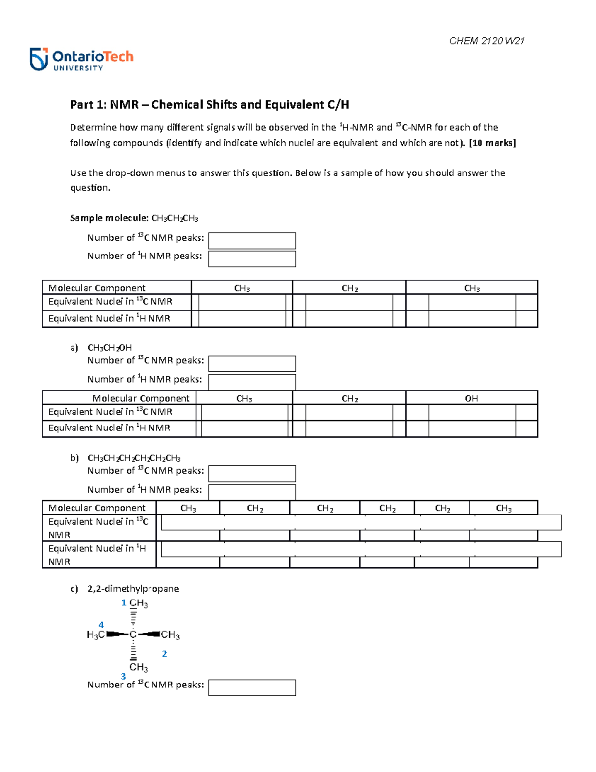 LAB - NMR WRITE UP - Part 1: NMR – Chemical Shifts and Equivalent C/H ...