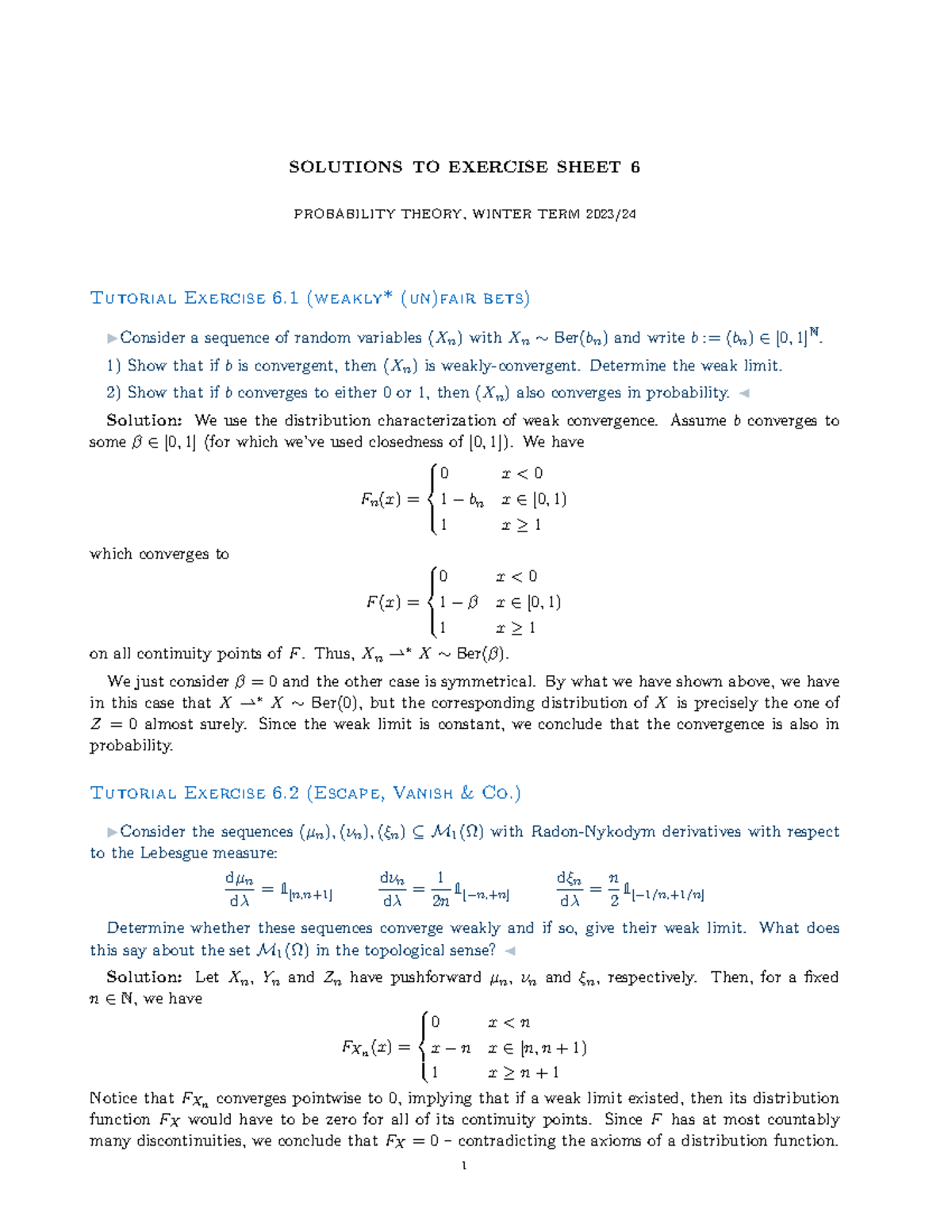 tutorial and hw 6 - SOLUTIONS TO EXERCISE SHEET 6 PROBABILITY THEORY, WINTER TERM 2023/ Tutorial ...