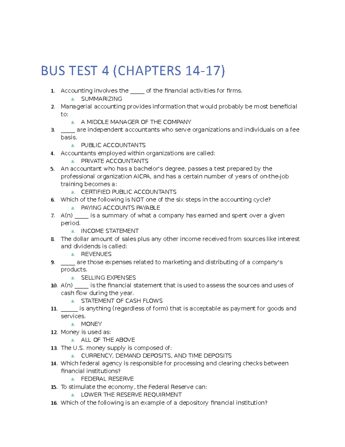 BUS TEST 4 - test questions and answers - BUS TEST 4 (CHAPTERS 14-17 ...