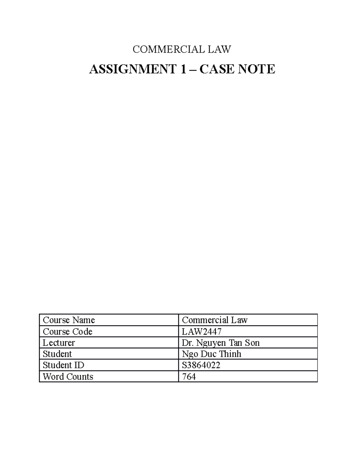 Case note assignment 1 in the course commercial law - COMMERCIAL LAW ...